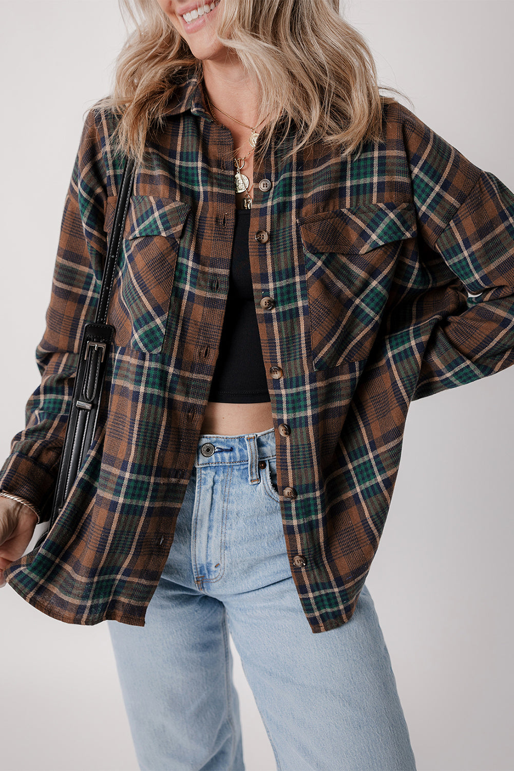 Brown Plaid Print Chest Pockets Buttoned Shirt Jacket – Better Together ...