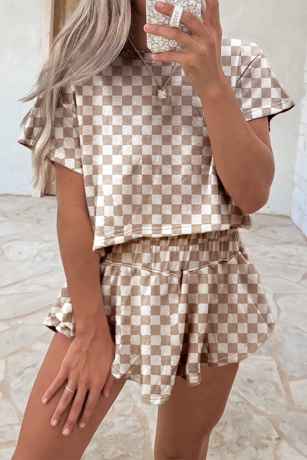 Brown Checkerboard T Shirt and High Waist Skorts 2 Piece Outfit ...
