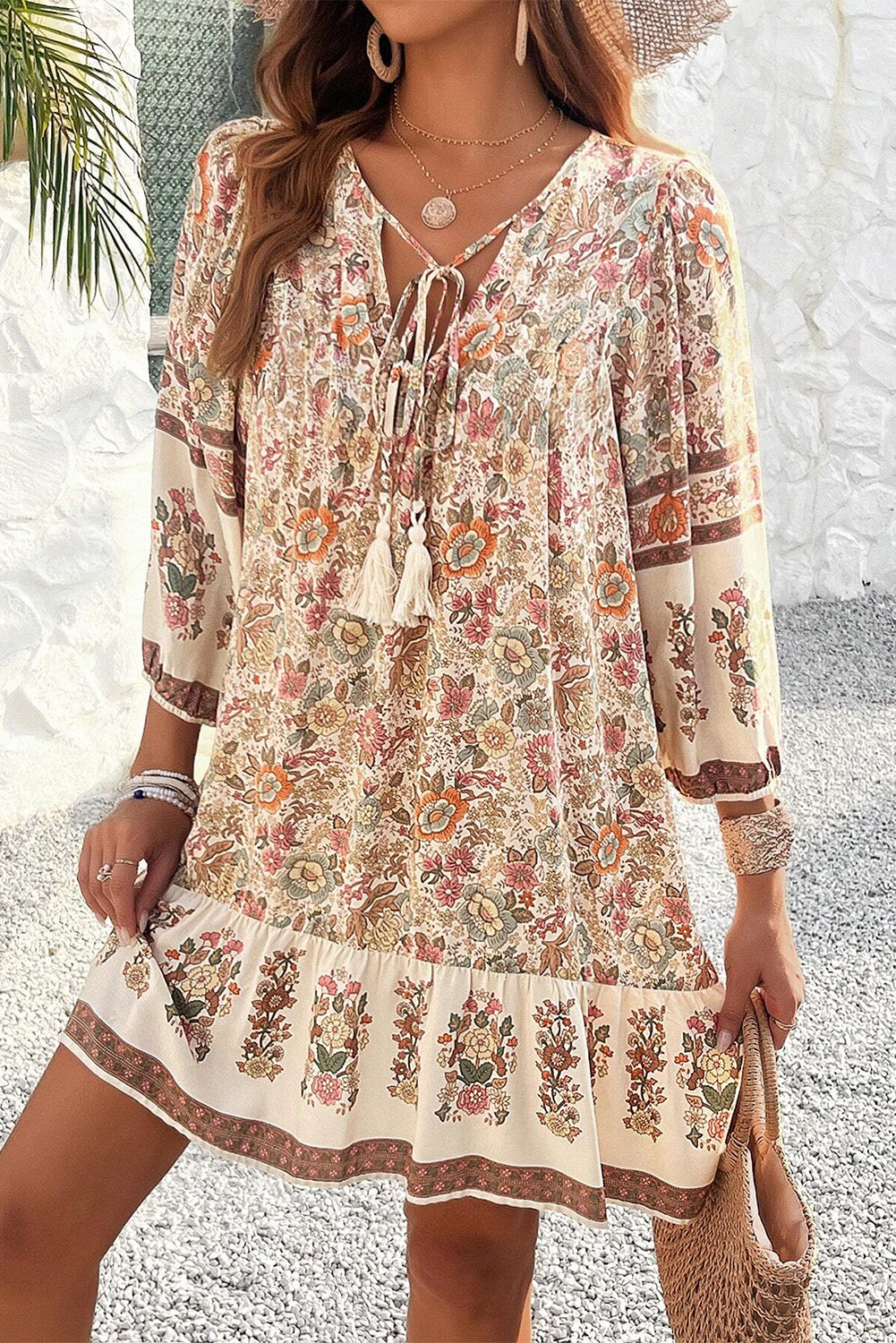 Apricot Floral Print Tassel Drawstring V Neck Loose Mini Dress – Better ...