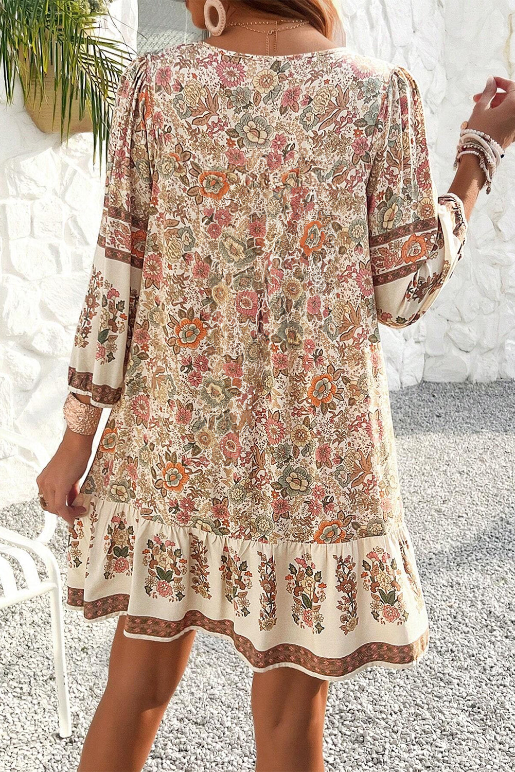 Apricot Floral Print Tassel Drawstring V Neck Loose Mini Dress – Better ...