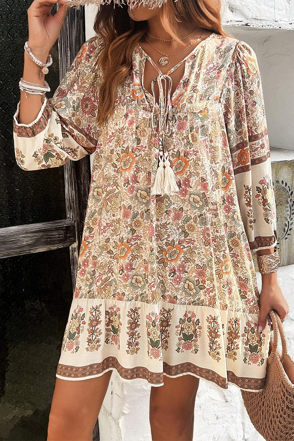 Apricot Floral Print Tassel Drawstring V Neck Loose Mini Dress – Better ...