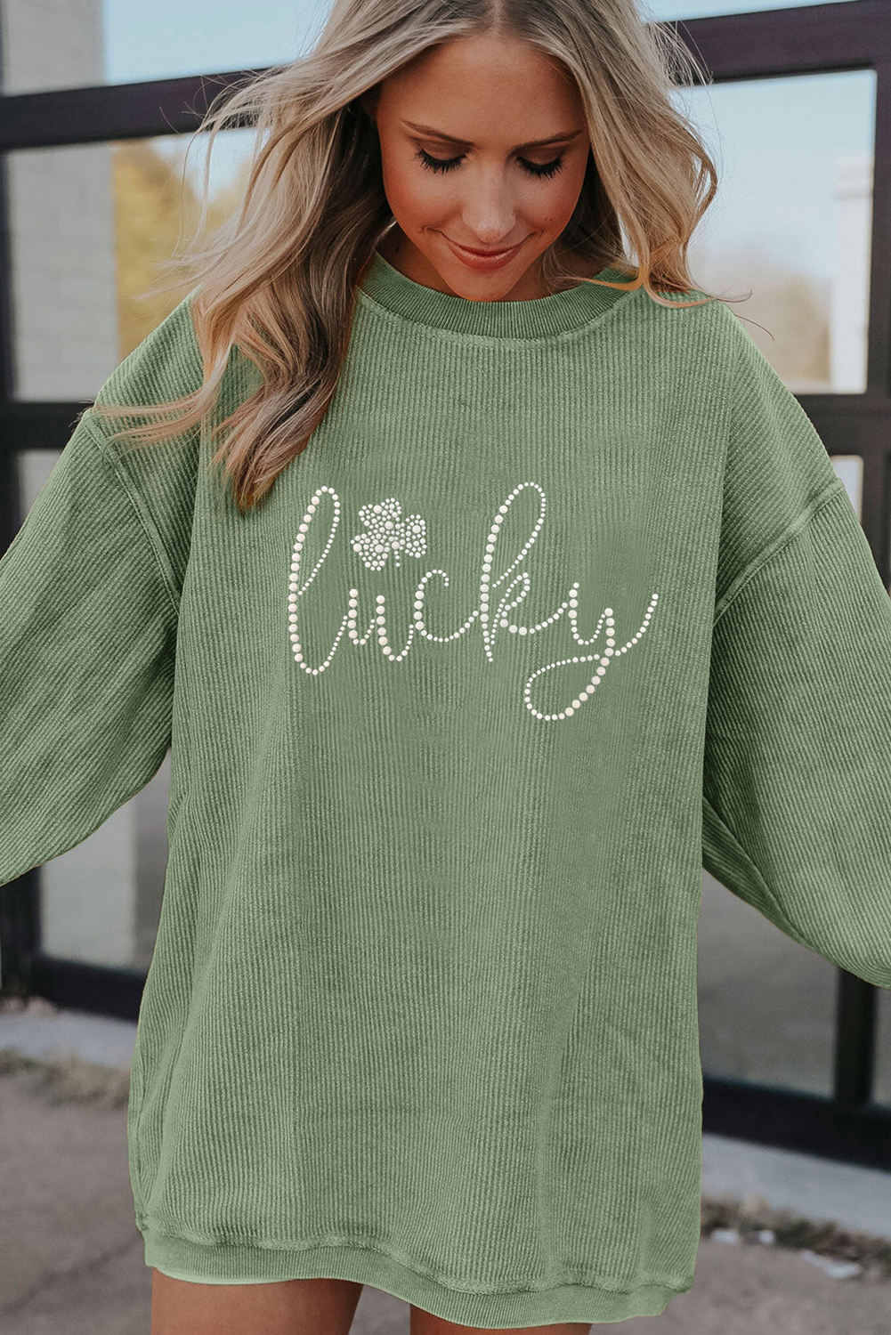 Grass Green Rhinestone lucky Clover Graphic Ribbed St Patrick Sweatshi ...