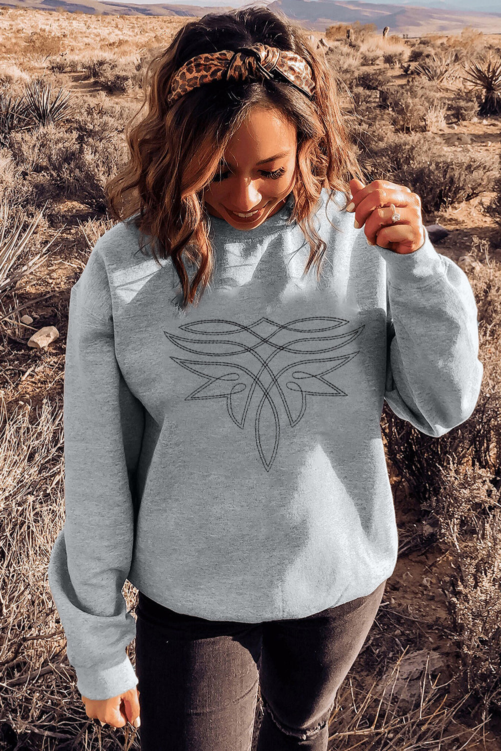 Gray Western Pattern Embroidered Drop Shoulder Pullover Top – Better ...