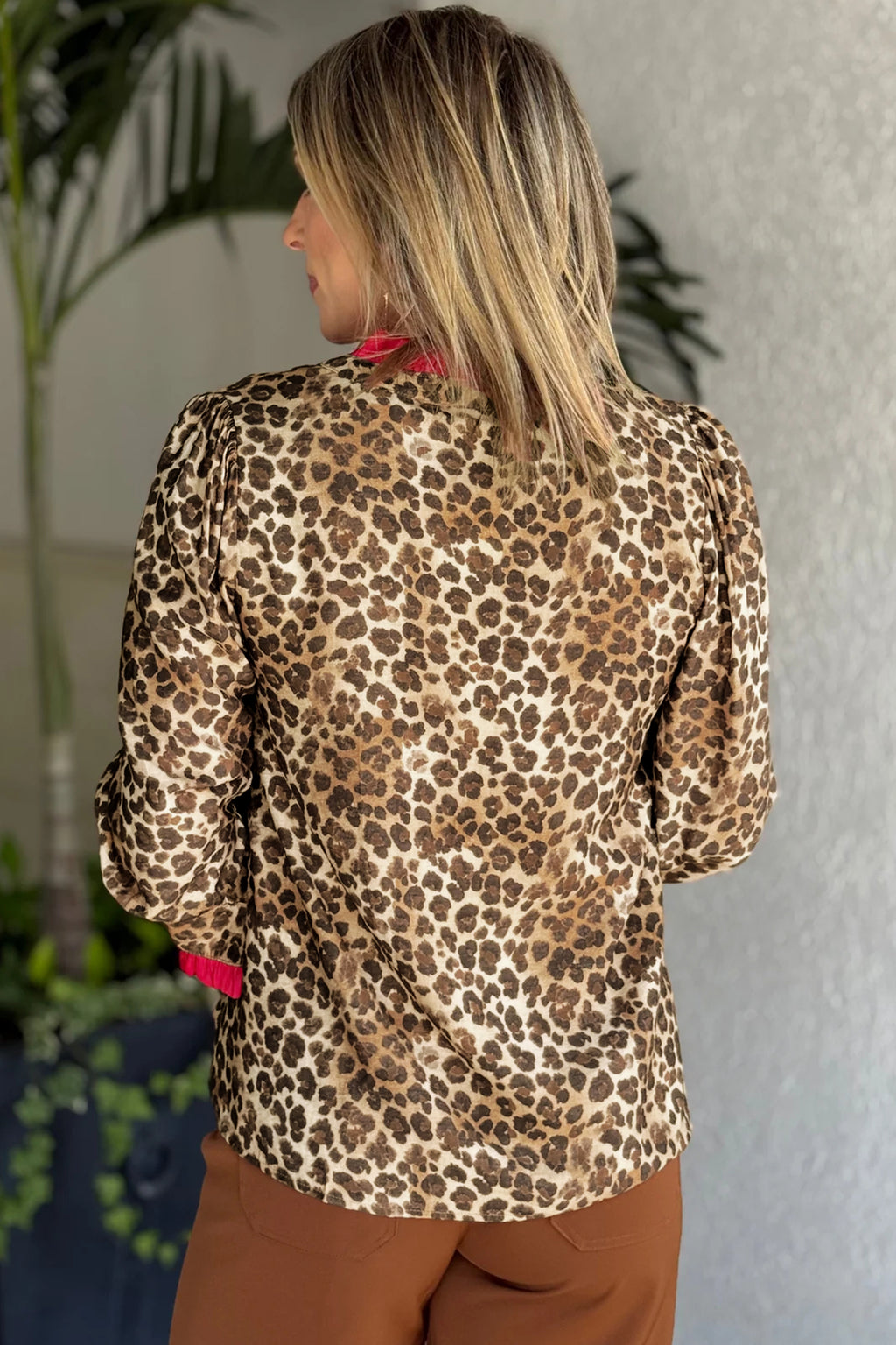 Brown Fierce Leopard Allure Contrast Ruffle Trim V Neck Shirt – Better ...