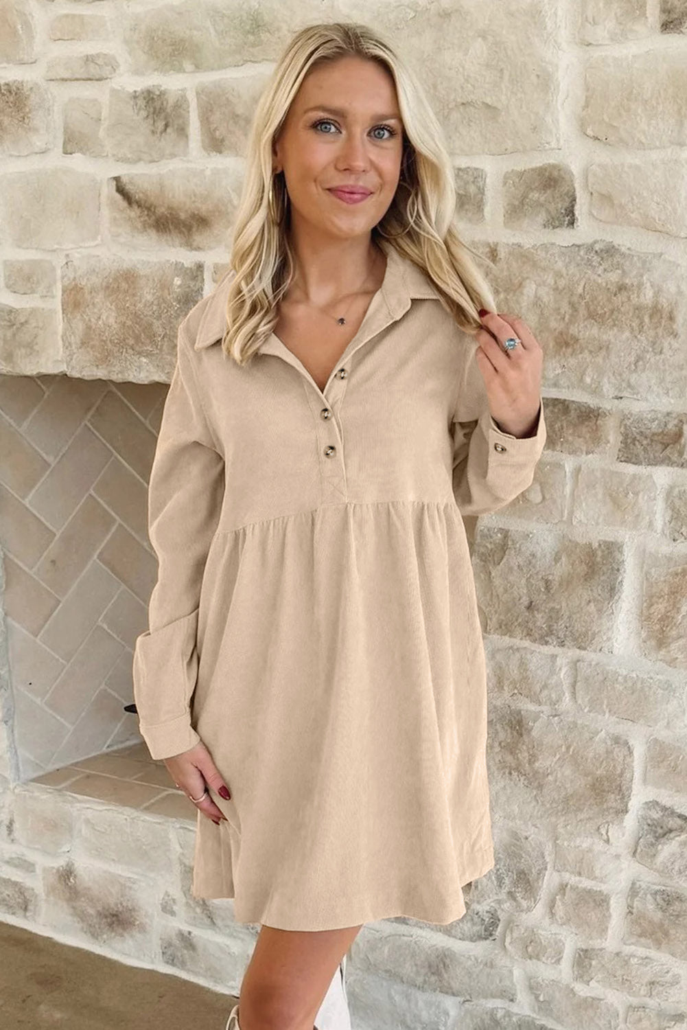Vineyard Green Corduroy Half Button Collared Long Sleeve Mini Dress ...