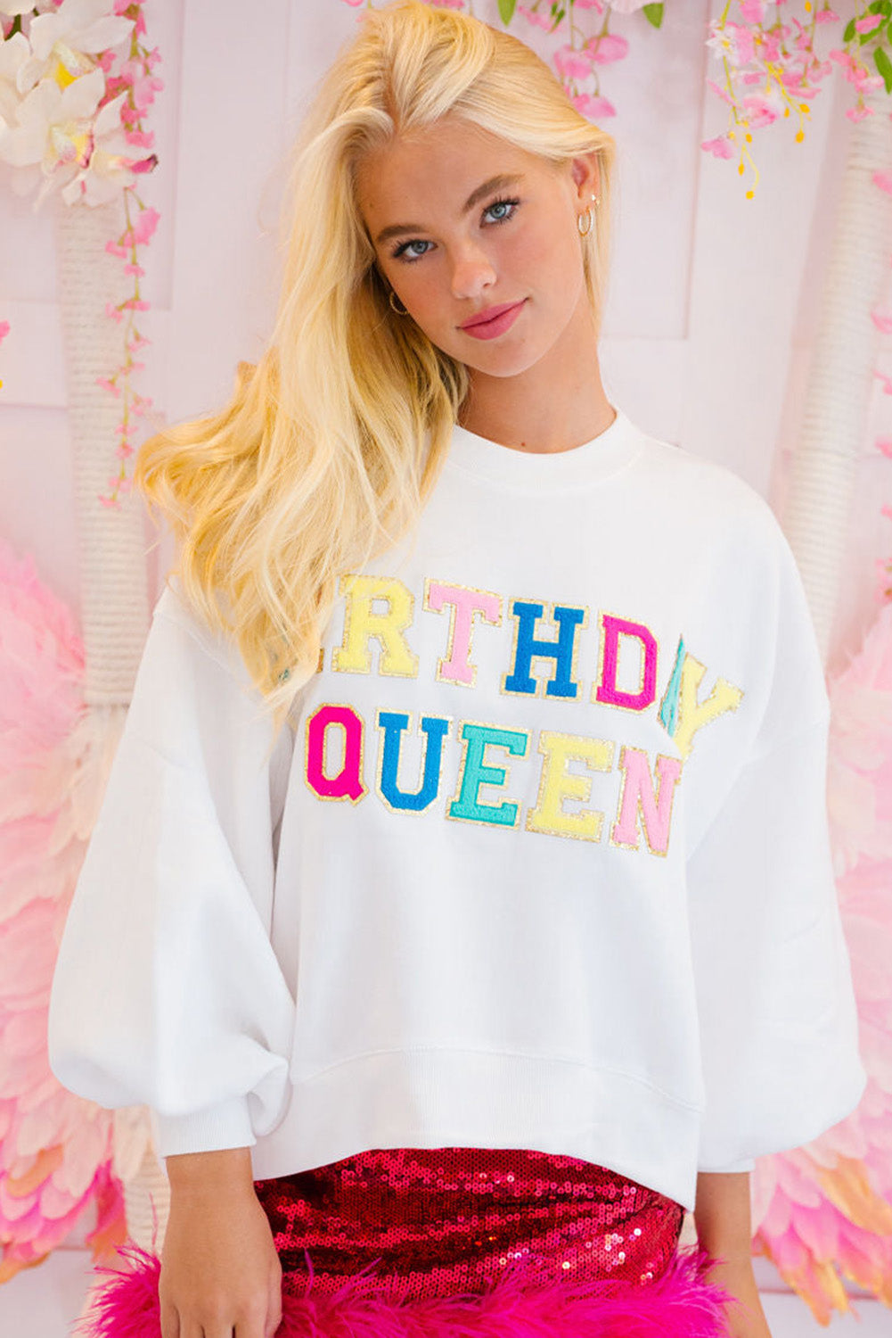 White BIRTHDAY QUEEN Graphic Balloon Sleeve Sweatshirt – Better ...