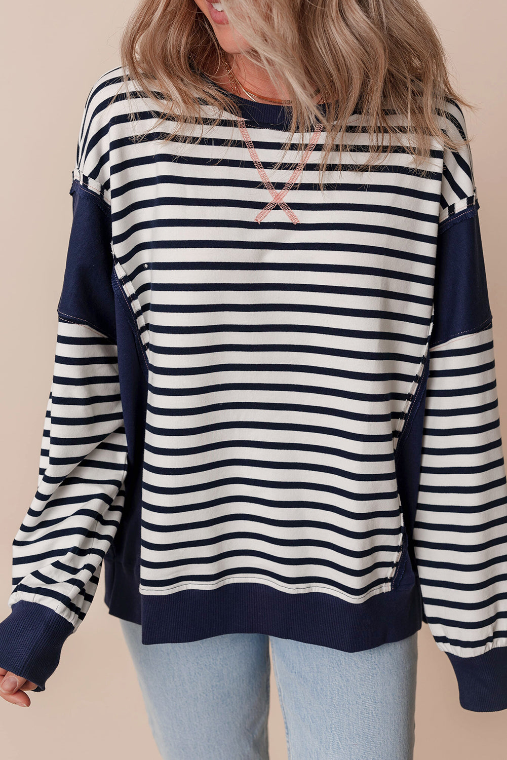 White Stripe Color Block Exposed Seam Loose Fit Sweatshirt – Better ...