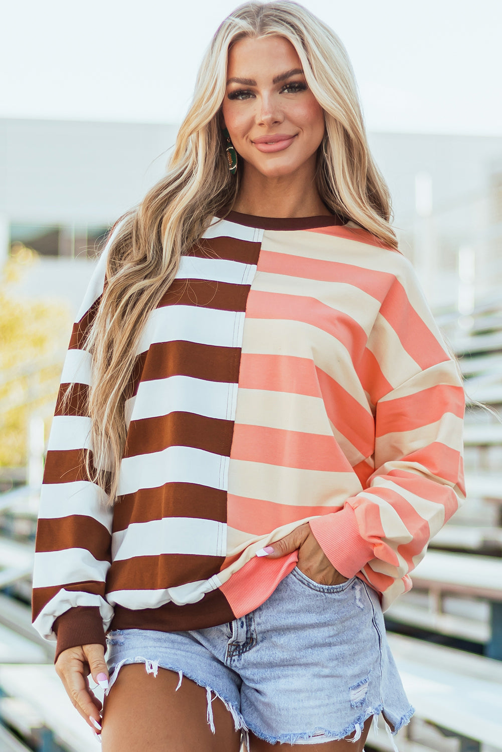 Brown Stripe Color Block Drop Shoulder Pullover Sweatshirt – Better ...