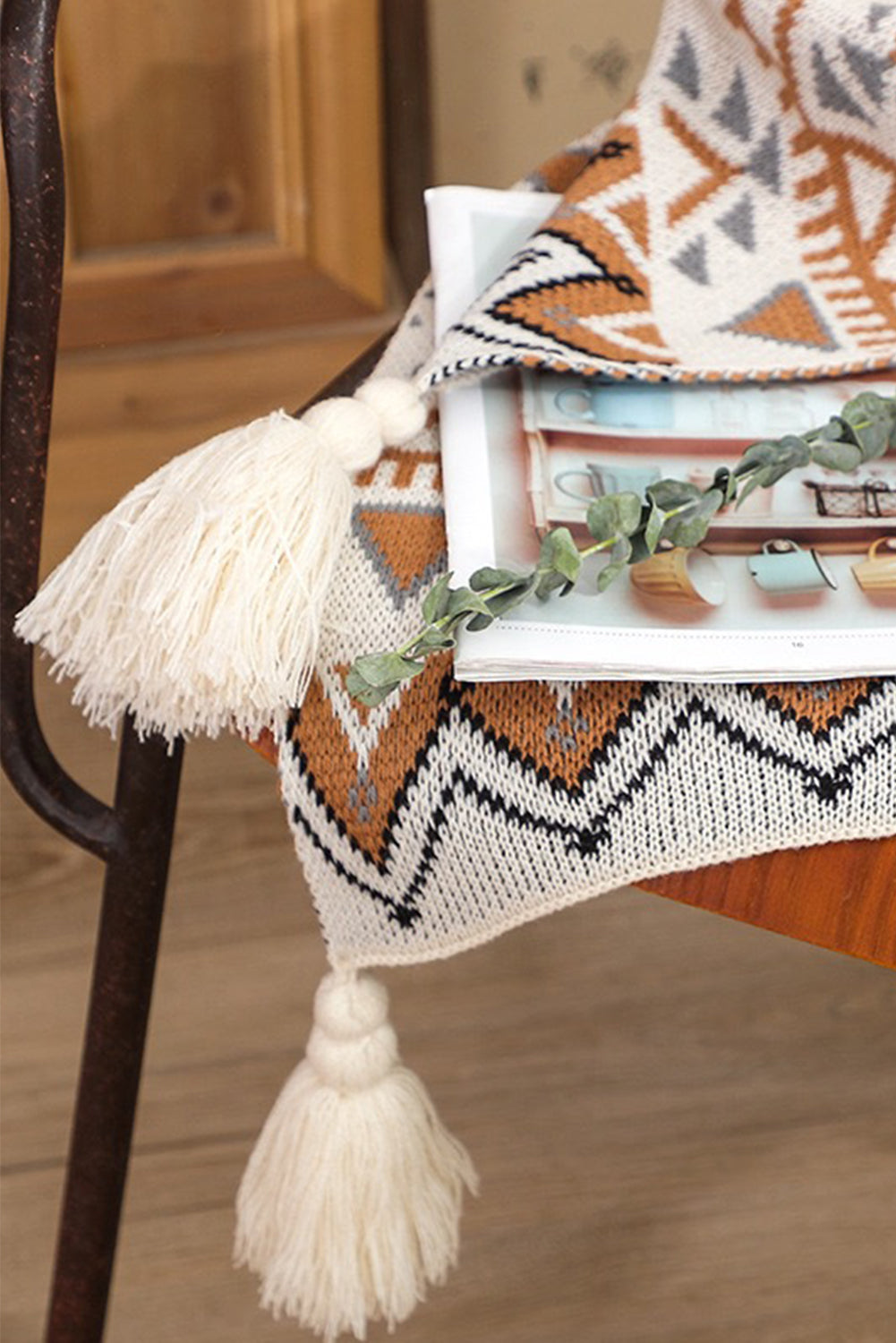 Parchment Geometric Pattern Knit Bohemian Tassel Blanket – Better ...