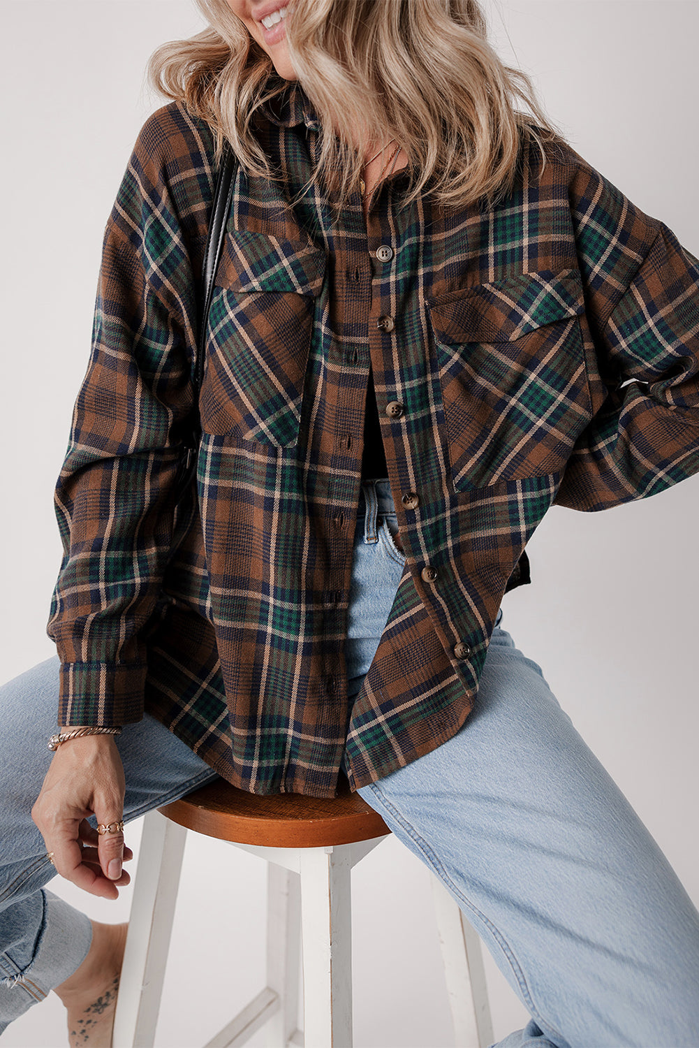 Brown Plaid Print Chest Pockets Buttoned Shirt Jacket – Better Together ...