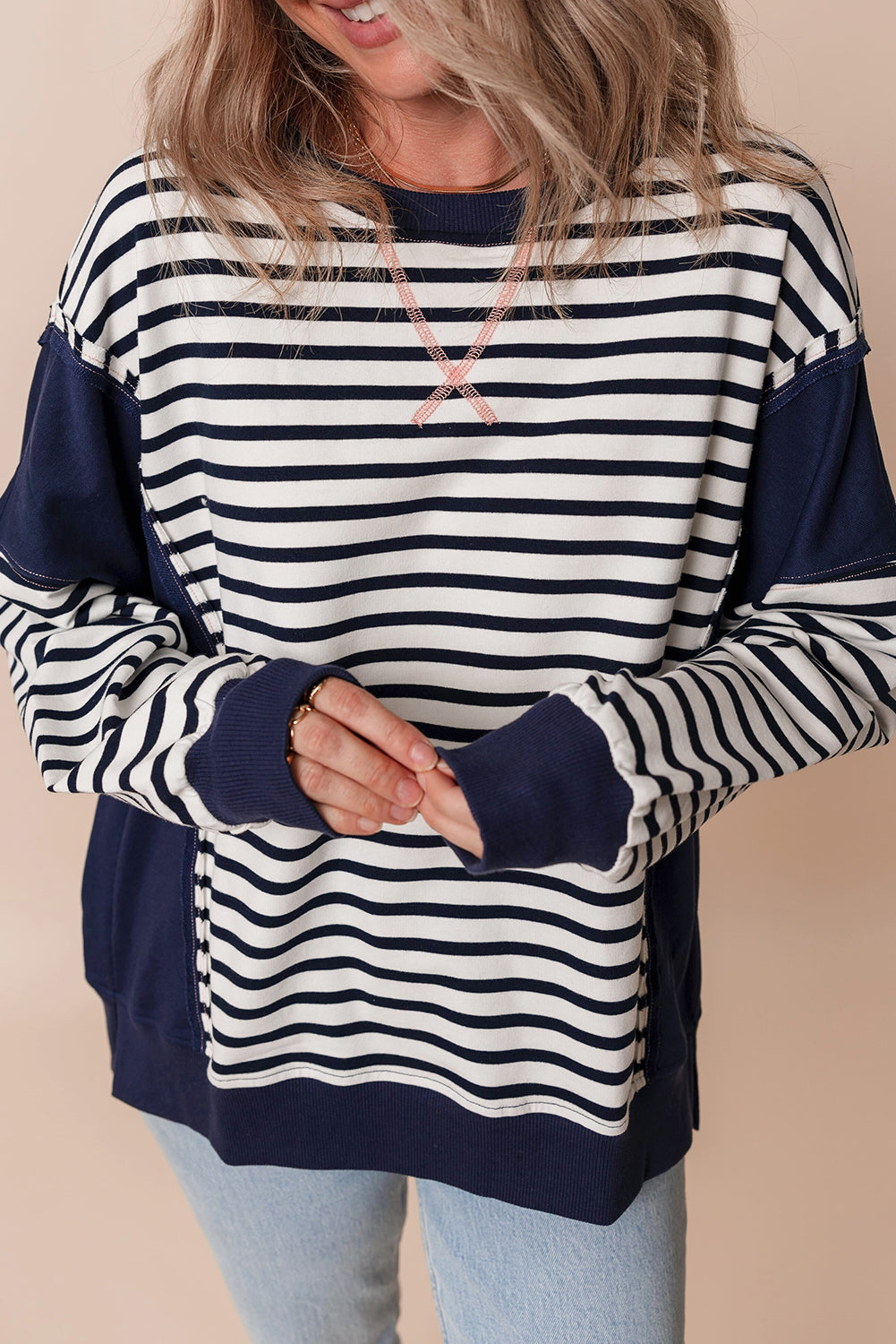White Stripe Color Block Exposed Seam Loose Fit Sweatshirt – Better ...
