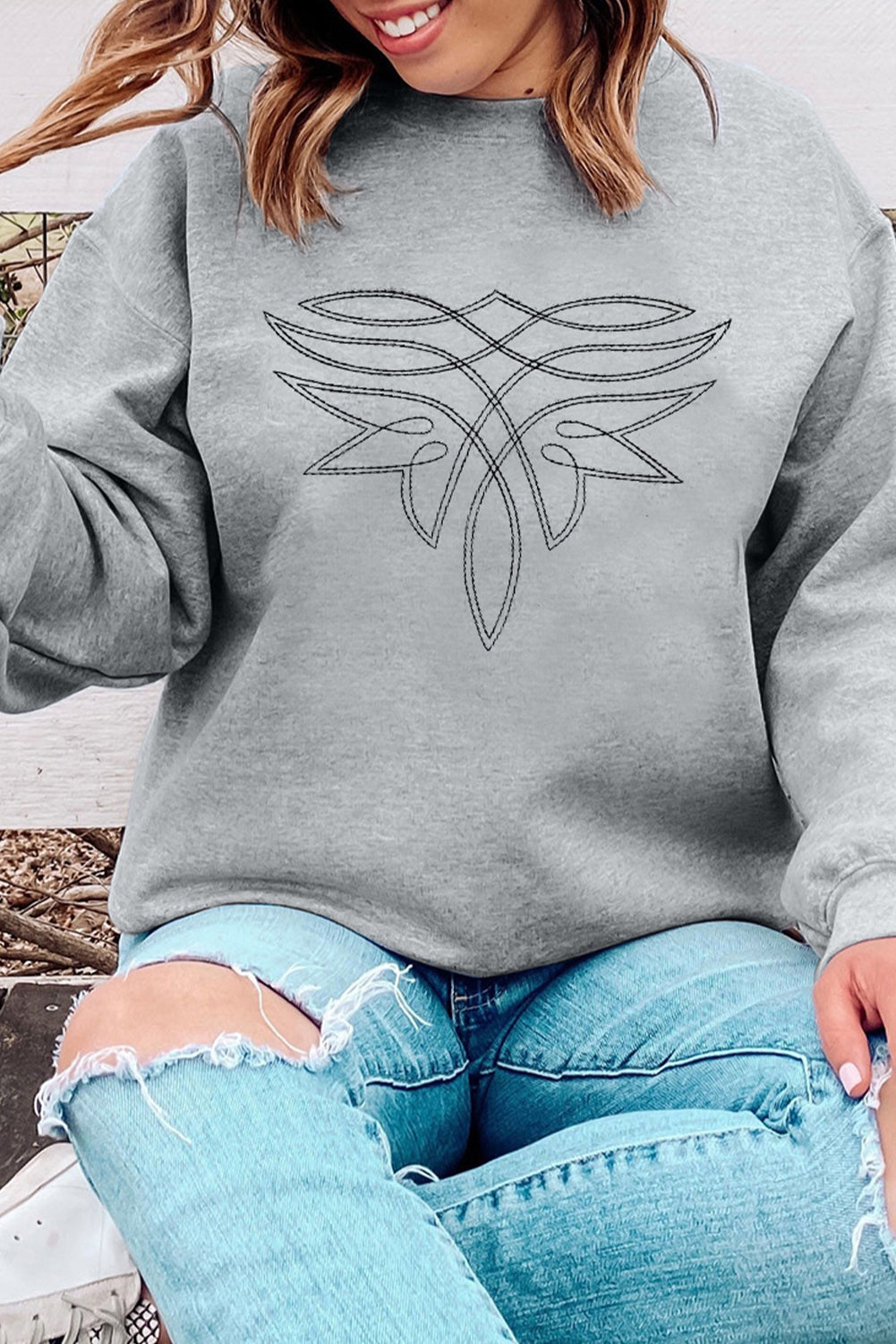 Gray Western Pattern Embroidered Drop Shoulder Pullover Top – Better ...