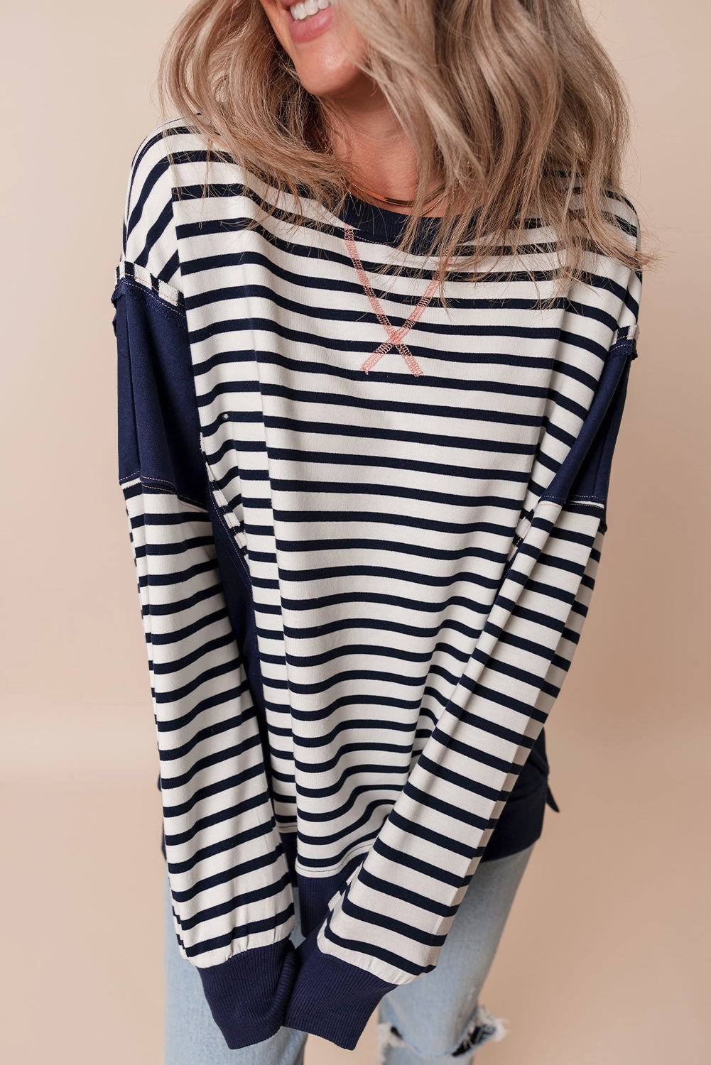 White Stripe Color Block Exposed Seam Loose Fit Sweatshirt – Better ...