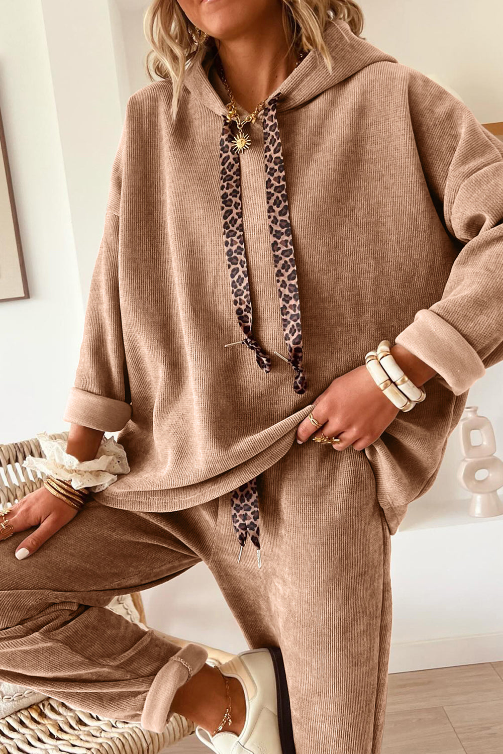 Dark Khaki Leopard Drawstring Pullover Hoodie and High Waist Pants Cor ...