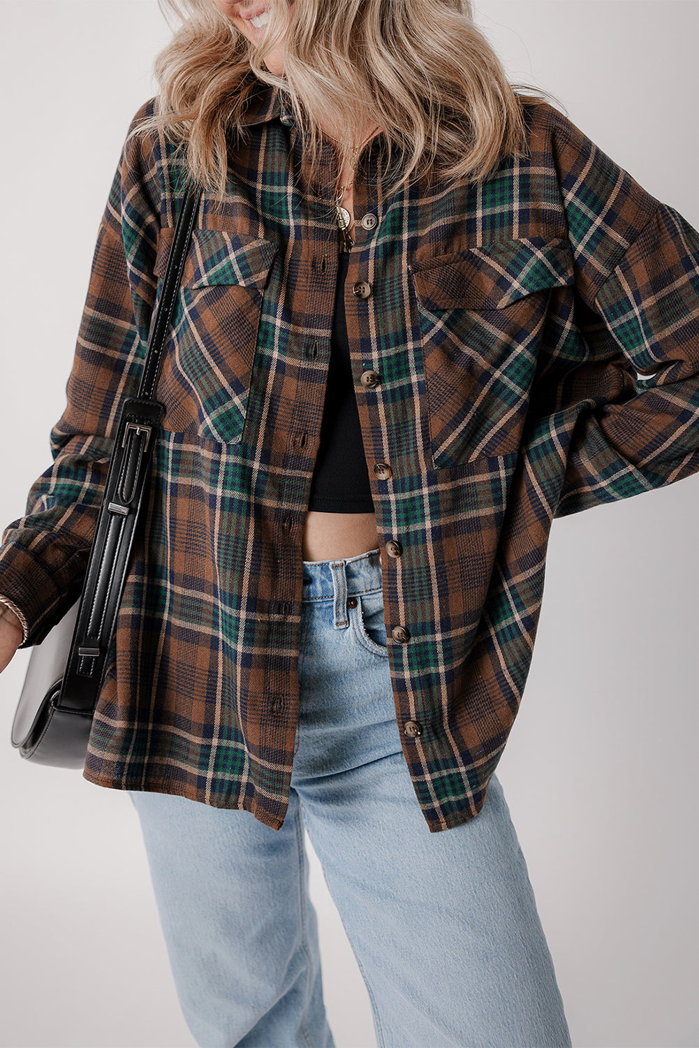 Brown Plaid Print Chest Pockets Buttoned Shirt Jacket – Better Together ...