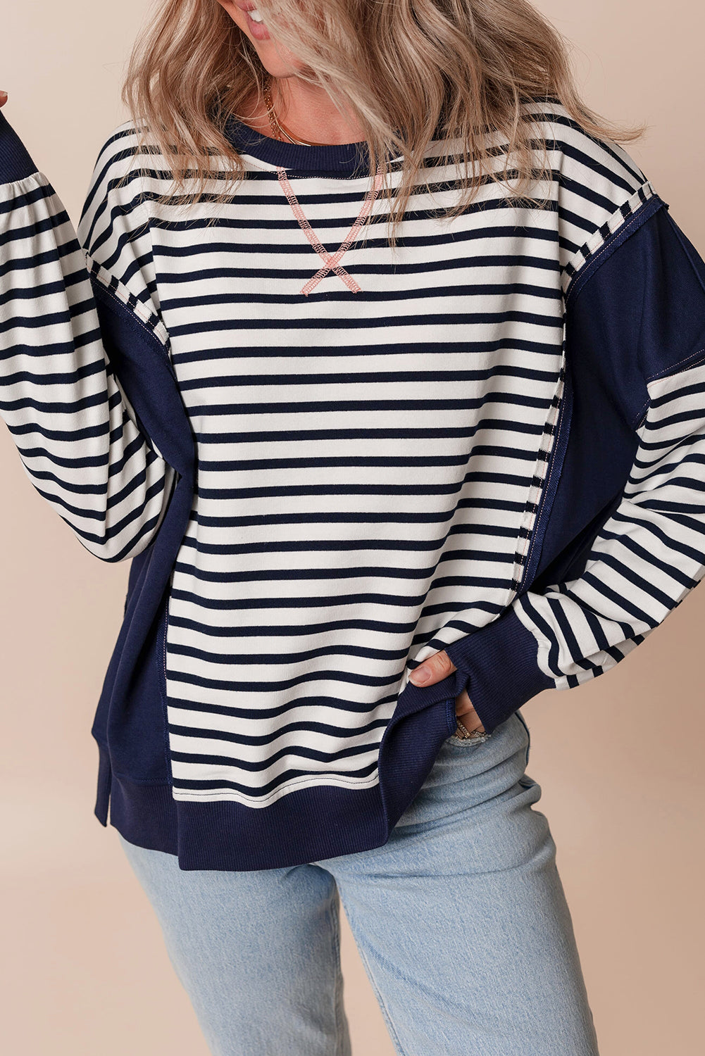 White Stripe Color Block Exposed Seam Loose Fit Sweatshirt – Better ...