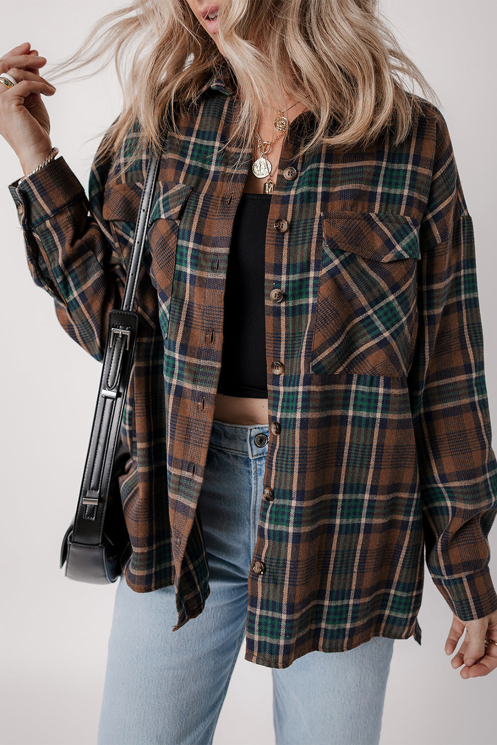 Brown Plaid Print Chest Pockets Buttoned Shirt Jacket – Better Together ...