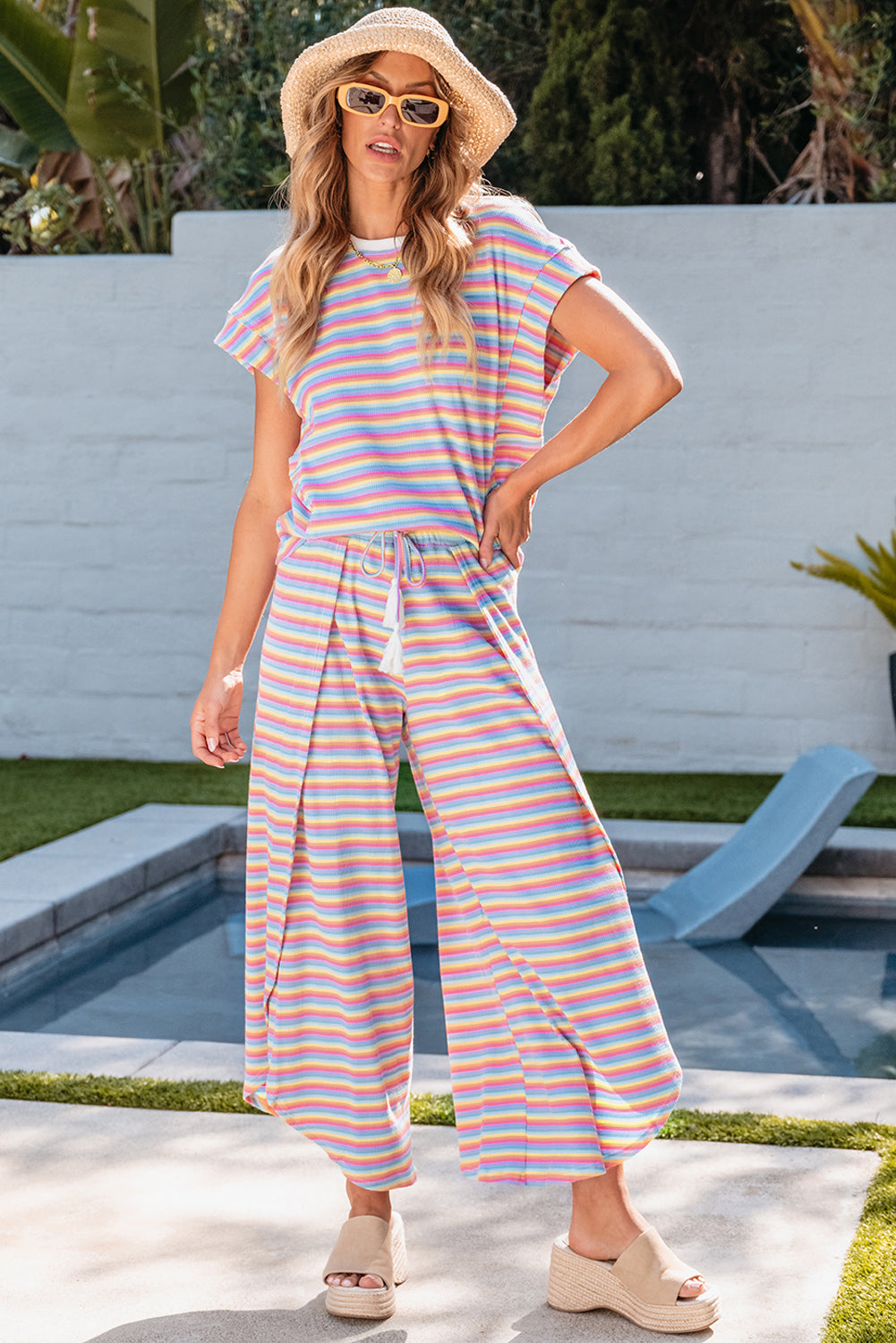 Pink Stripe Rainbow Tee Tasseled String Wide Leg Pants Set – Better ...