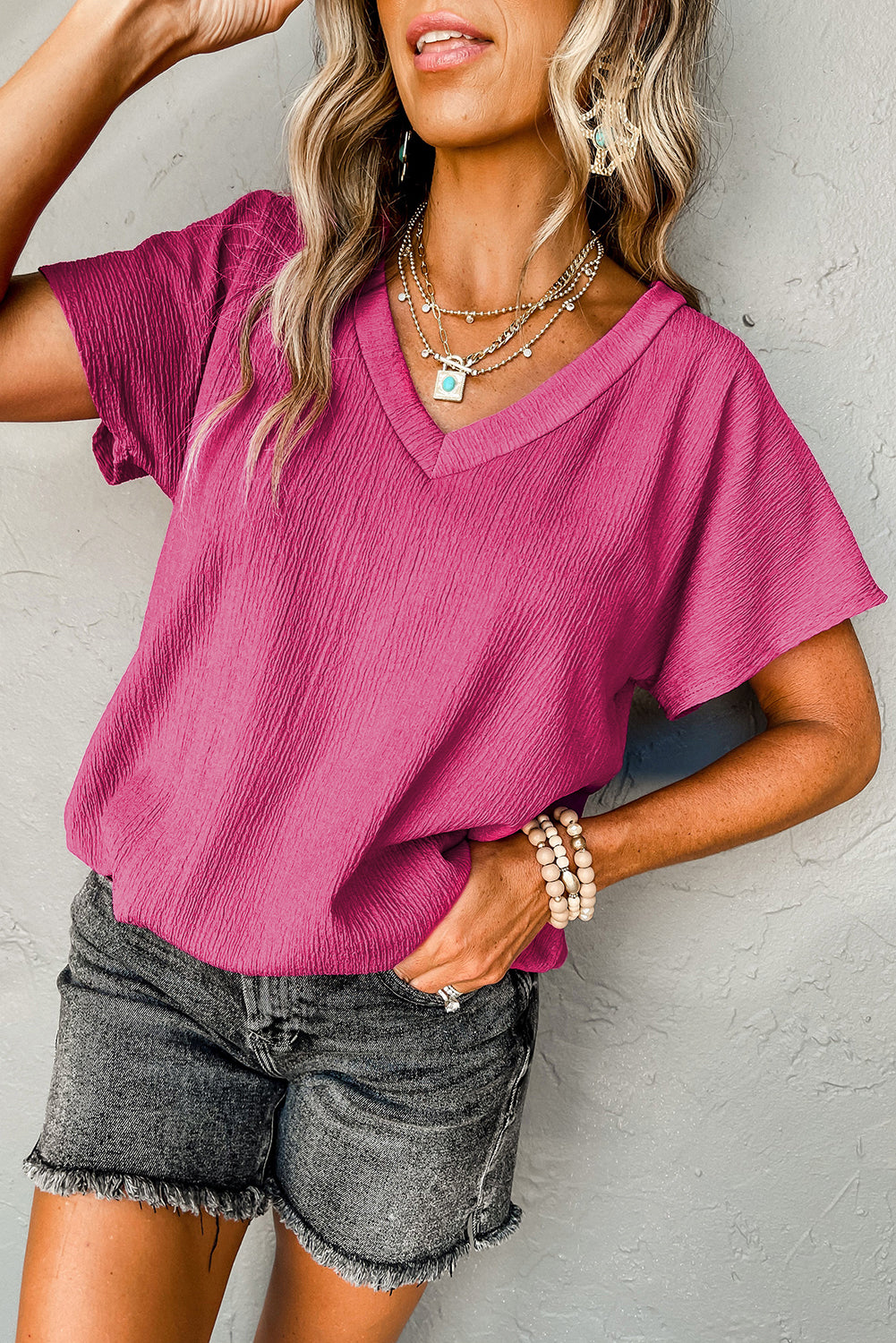 Blue Sapphire Crinkled V Neck Wide Sleeve T-shirt – Better Together ...