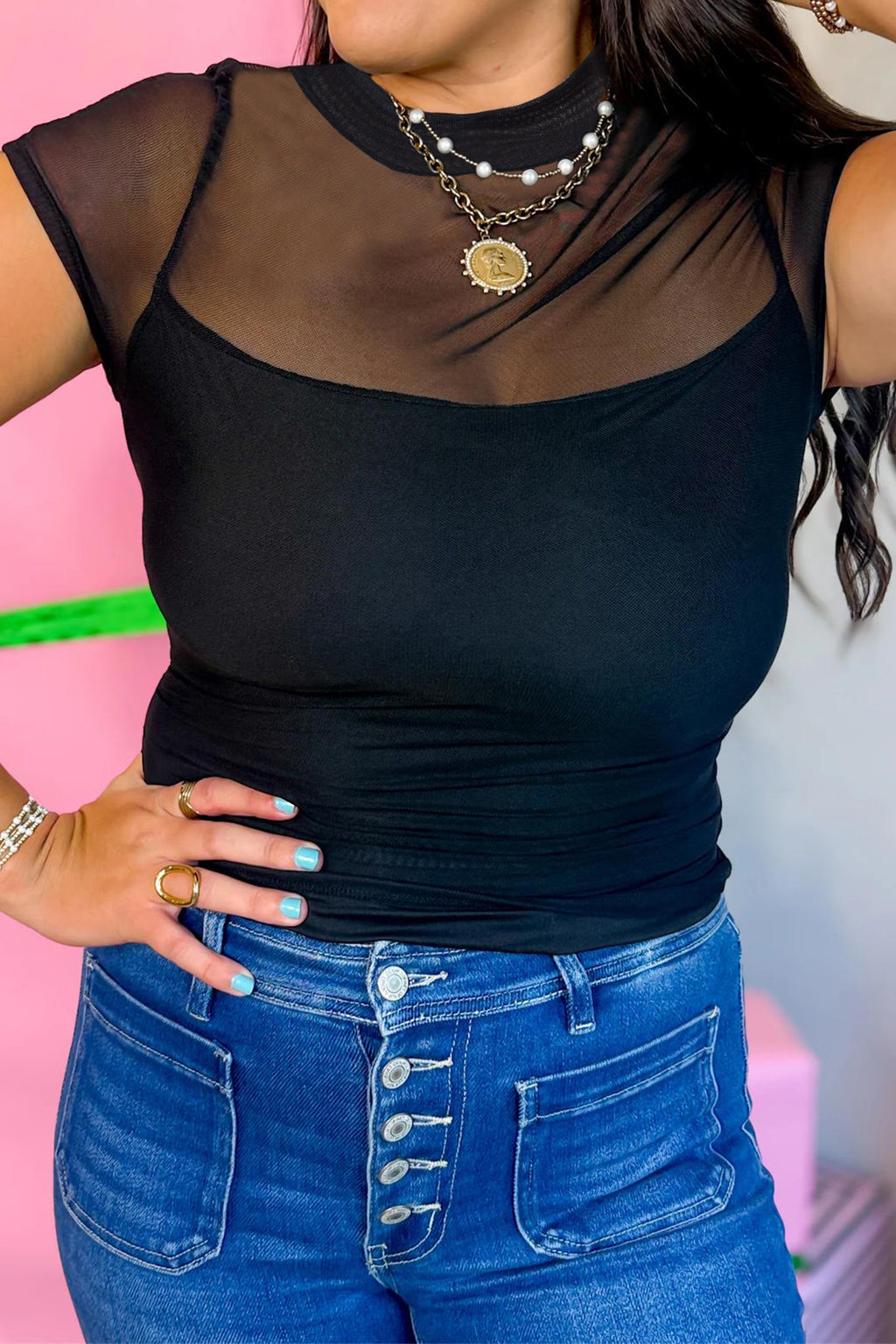 Black Sheer Mesh Patchwork Cap Sleeve T Shirt – Better Together ...