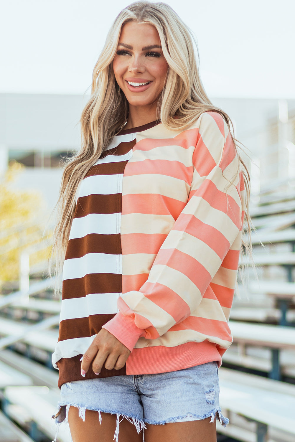 Brown Stripe Color Block Drop Shoulder Pullover Sweatshirt – Better ...