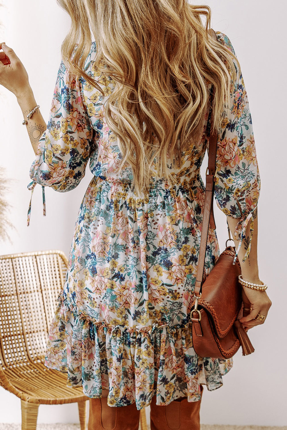 Sky Blue Floral 3/4 Sleeve V Neck High Waist Ruffled Dress – Better ...