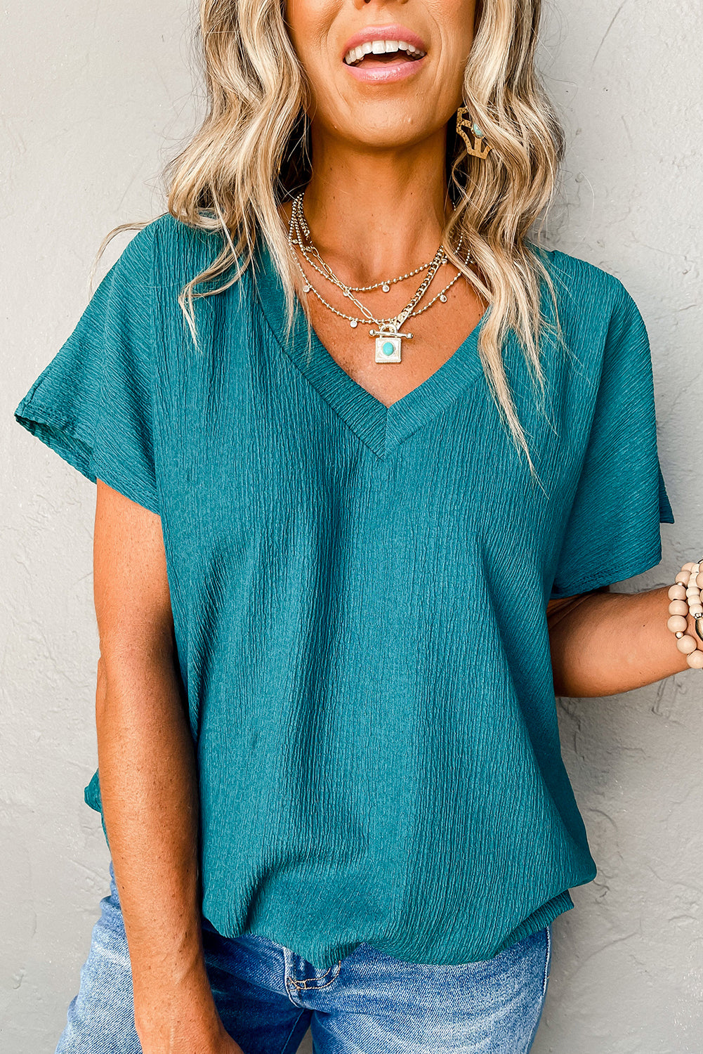 Blue Sapphire Crinkled V Neck Wide Sleeve T-shirt – Better Together ...