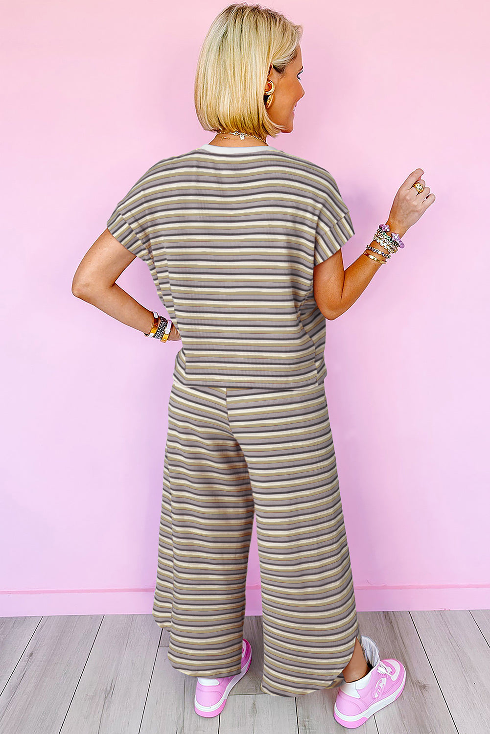 Pink Stripe Rainbow Tee Tasseled String Wide Leg Pants Set – Better ...