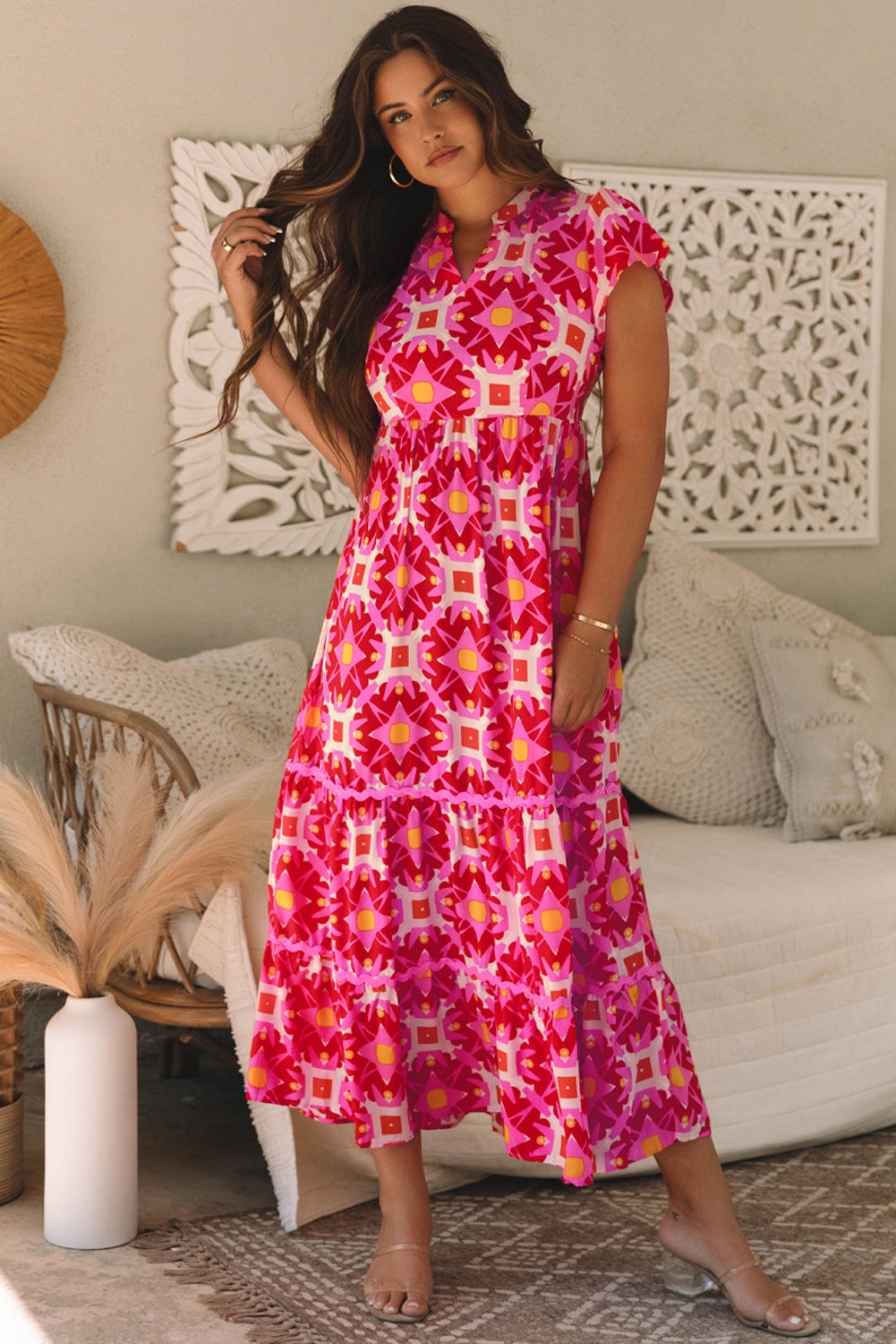 Strawberry Pink Geo Print V-neck Maxi Dress – Better Together Boutique ...